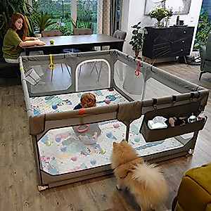Baby Playpen Set(Grey 75"*59"), playpin for Babies and Toddlers, Extra Large Baby Fence Area with Anti-Slip Base,Playard Indoor & Outdoor with Playmat