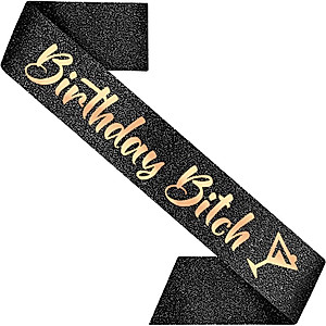 PartyForever Birthday Decoration Sash for Women Black 32 inch Long Sash with Rose Gold Birthday Bitch Letters for 21st, 30th, 40th or 50th Birthday