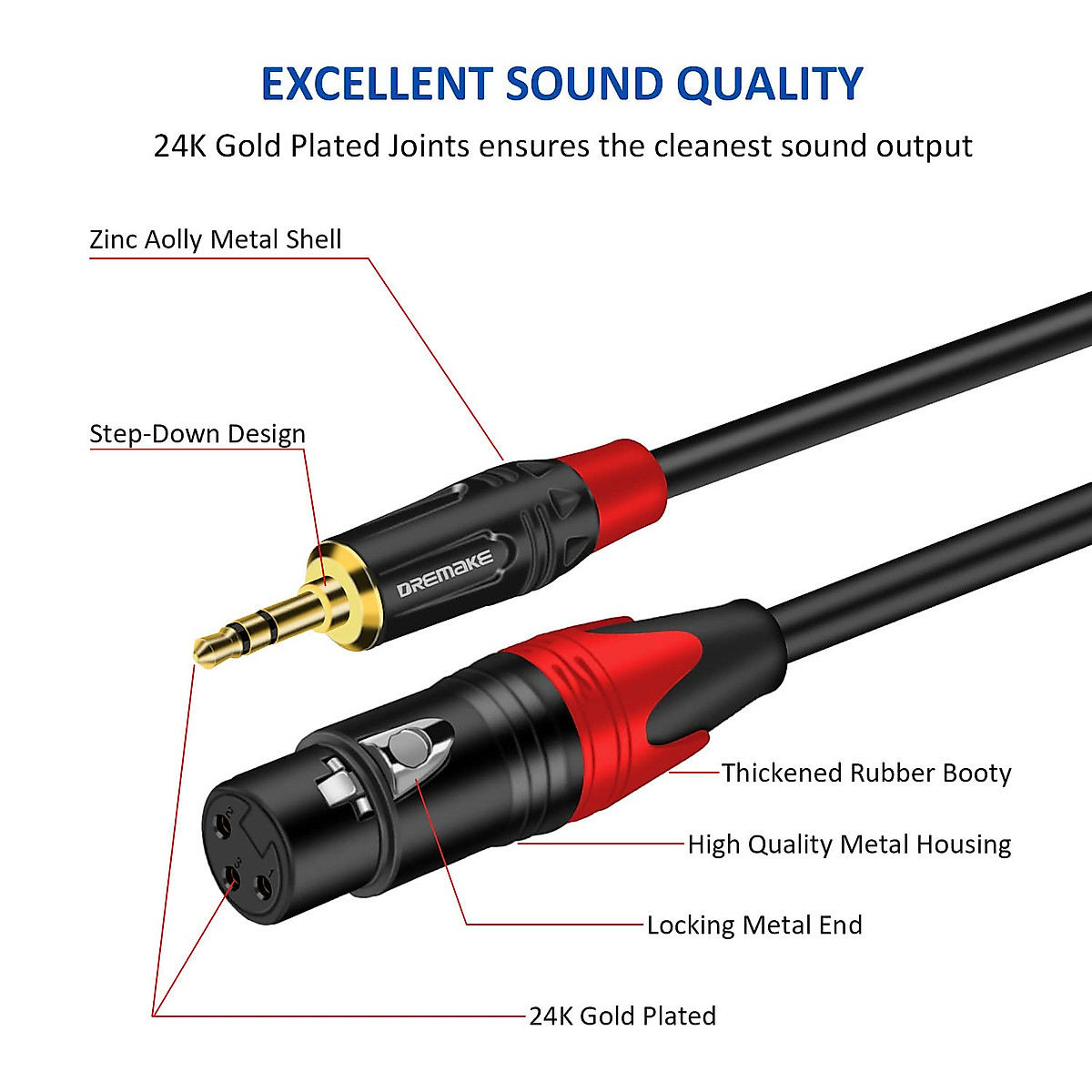 DREMAKE Female XLR to Jack 3.5mm Stereo Audio Cable, 6FT 3.5mm to XLR Unbalanced Cable, XLR to 1/8'' 3.5mm Extension Microphone Cable, Male 3.5mm to Stereo XLR 3-Pin Female Patch Cord for PCs, Phones