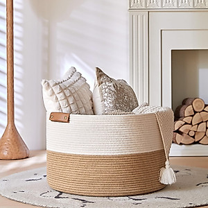 R RUNKA Extra Large Basket 22" x 14", Soft Woven Storage Basket with Leather Handles,Big Basket and Organizer for Laundry, Toys, Books and Baby Blankets