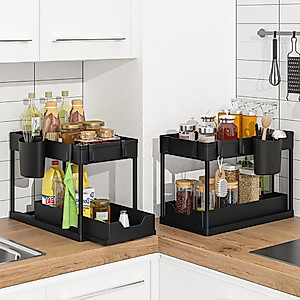 SUVANA Under Sink Organizer, 2 Tier Bathroom Cabinet Organizer with Under Sliding Basket, Hooks, Hanging Cup, Multi-Purpose Under Sink Organizers and Storage for Bathroom Kitchen (2 Pack)