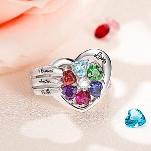 AILIN Custom Promise Rings For Her 925 Sterling Silver Love Heart Personalized 1 2 3 4 5 6 Name And Birthstone Rings Valentine's Mother Day Wedding Jewelry Gifts For Women Mom Grandmother Wife