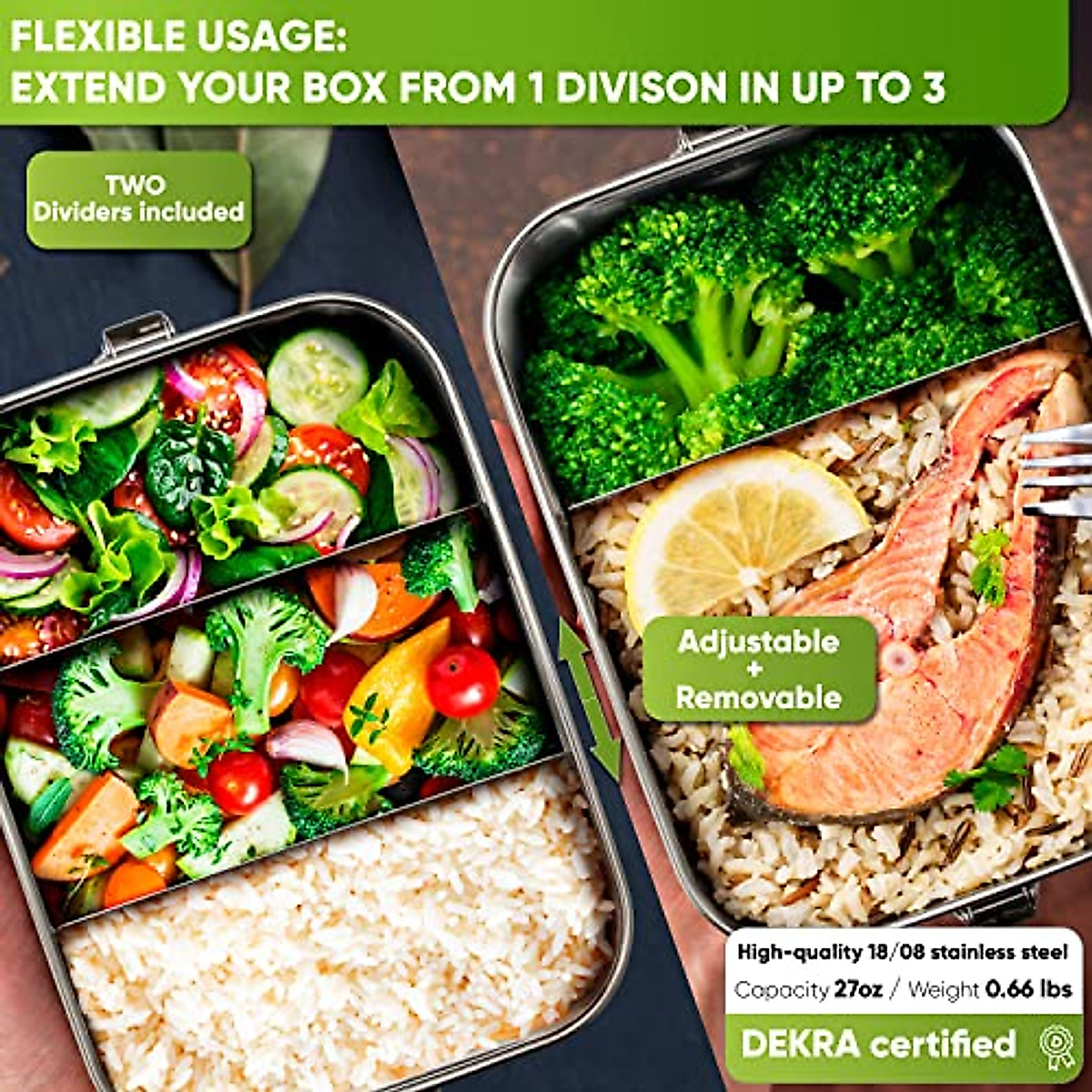 Blockhuette Stainless Steel Lunch Box for Adults I 27oz I Bento Box with 3 Compartments, Leak-Proof Container, Metal Lunchbox for Travel & Work, Eco-Friendly Meal Storage Solution, incl free Sealing