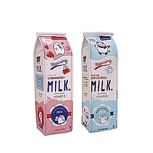 Pack of 2 Cute Pencil Case Box Leather Pencil Holder Pen Pouch Stationery Organizer Cosmetic Bag with Zipper (Blue and Pink Milk) (pinkblue) (Milk2)