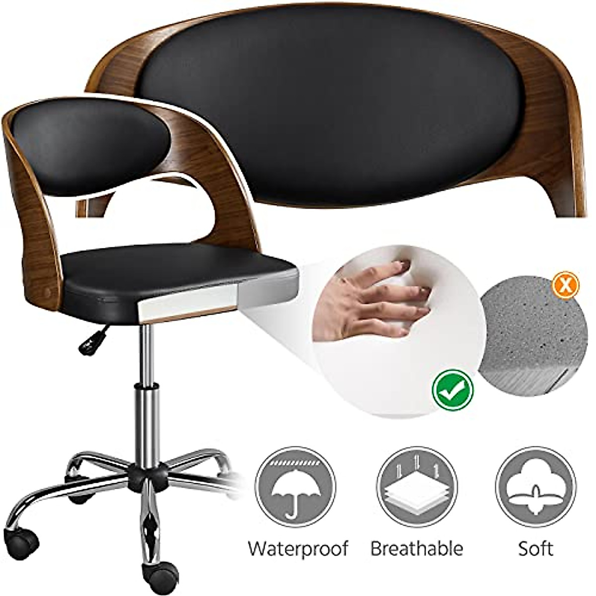 Yaheetech Home Office Desk Chair Modern Mid-Century Walnut Wood Chrome Finish Computer Chair Faux Leather Seat Height Adjustable Stool with 360° Swivel Wheels, Black