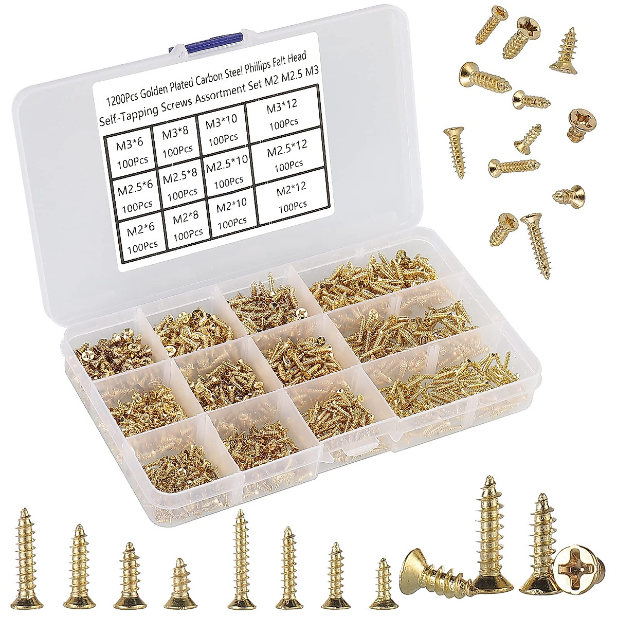 HanTof 1200Pcs Tiny Phillips Flat Head Self Tapping Screws for Wood, Plastic and Soft Metal. M2 M2.5 M3 Small Countersunk Tapper Screws Set for DIY Micro Woodworking Furniture Box. Golden,Carbon Steel