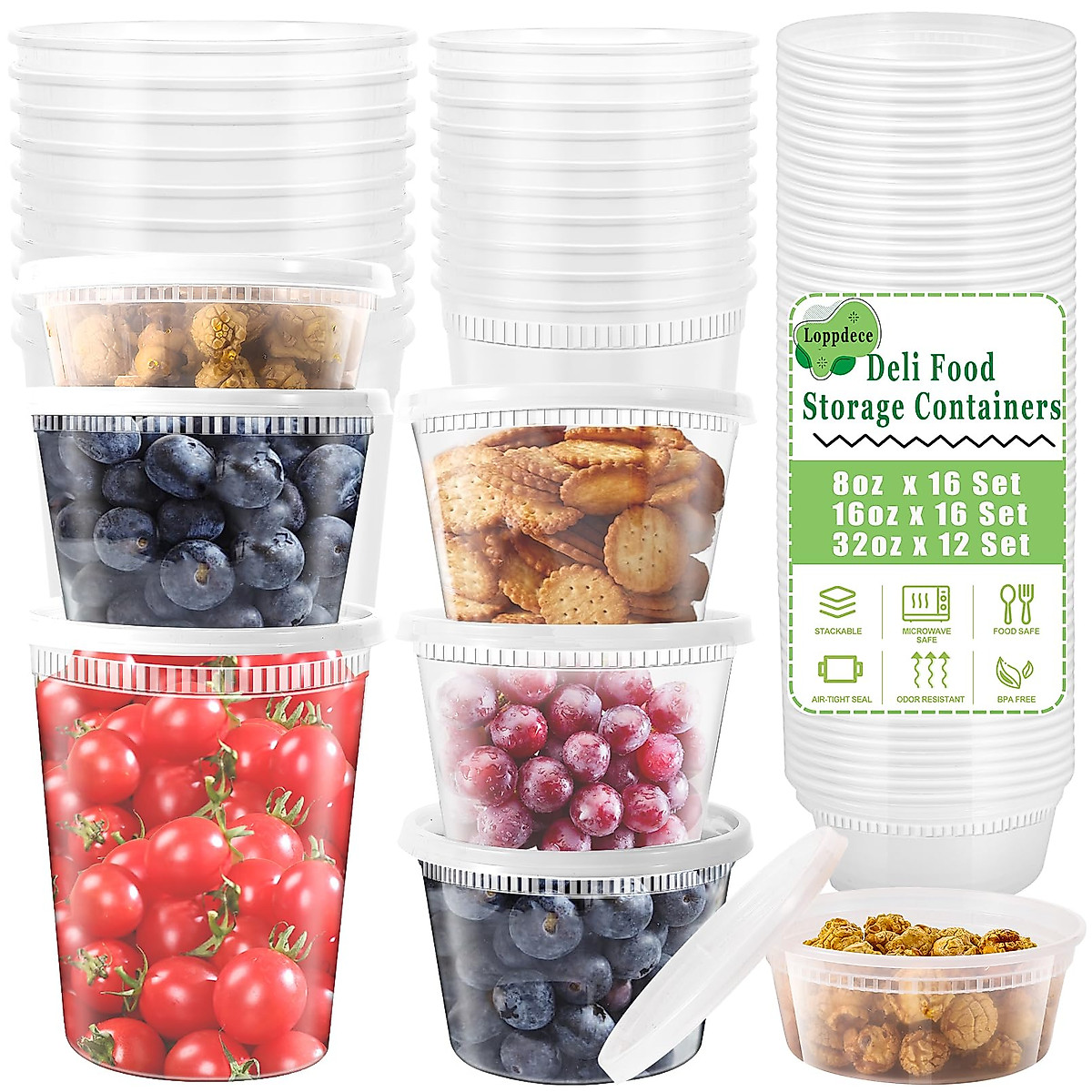 Loppdece 44 Sets Deli Containers with Lids,Plastic Deli Food Containers,Stackable Food Storage Soup Containers with Airtight Lids for Meal Prep Takeout,Freezer&Dishwasher Safe,BPA-Free (8oz,16oz,32oz)