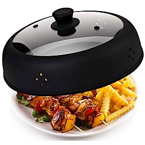 Bezrat Vented Glass Microwave Plate Cover | Large 12-inch Splatter Guard Lid | Firm Grip Silicone handle | 100% Food Grade | Dishwasher Safe (Black)