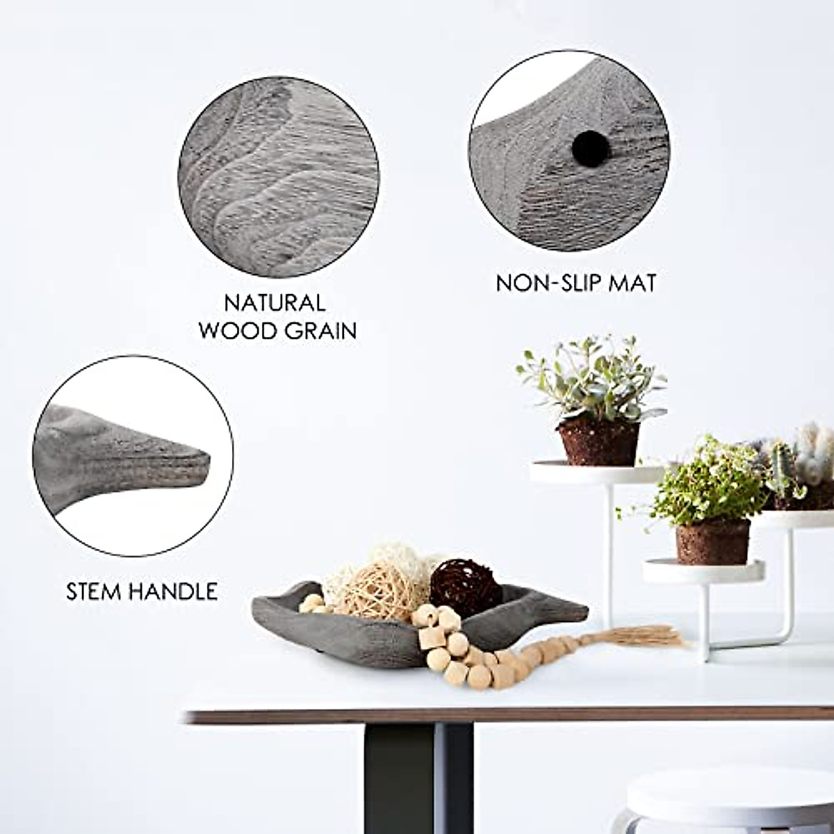 Oakrain Wooden Decorative Dough Bowl for Decor, Leaf Shaped Wooden Bowls with Handle, Hand Carved Dough Bowl for Farmhouse Vintage Rustic Decor(15.7"x 9.1" Grey)