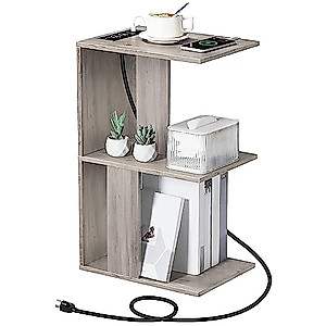 MAHANCRIS End Table with Charging Station, Narrow Side Table for Small Spaces, Sofa Couch Table with Storage Shelf, Slim Nightstand with Light, Beside Table for Bedroom, Living Room, Greige ETHG18E01