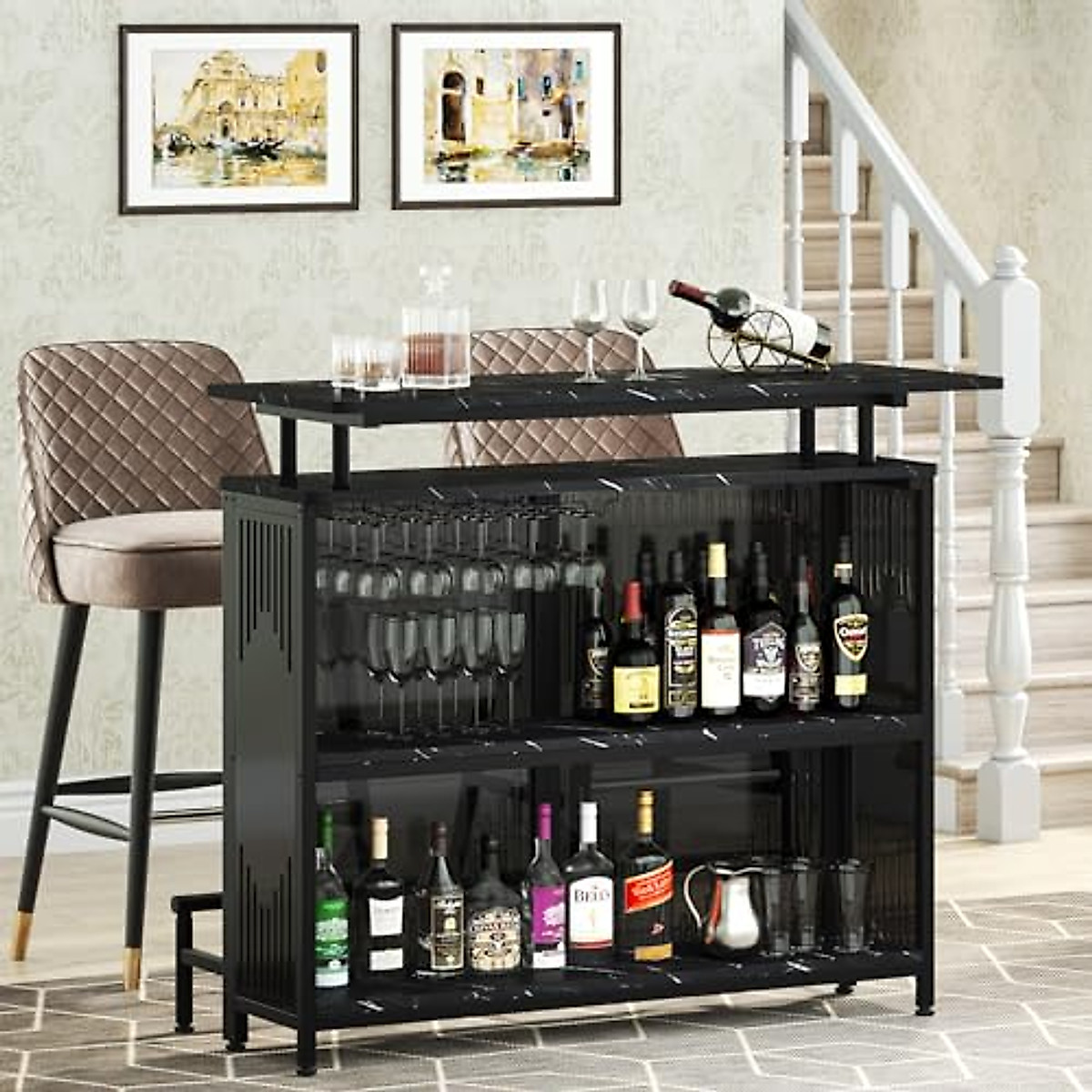 Tribesigns Home Bar Unit, 3 Tier Liquor Bar Table with Black Faux Marble Shelves and Stemware Racks, Wine Bar Cabinet Mini Bar with Acrylic Front for Home Kitchen Basement Pub, XDBAR858