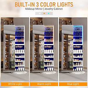 LVSOMT 360° Swivel Jewelry Mirror Cabinet with Lights, Standing Jewelry Armoire Organizer, 63" Rotatable Full-Length Mirror with Jewelry Storage, Lockable with Back Storage Shelve, White