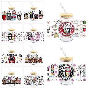 UV DTF Cup Wrap Transfer Stickers for Glass, 10 Sheet Halloween Rub on Transfers for Crafting, UV DTF Transfer Waterproof Sticker for 16OZ Libbey Glass Cups Furniture Craft Wood DIY Crafts