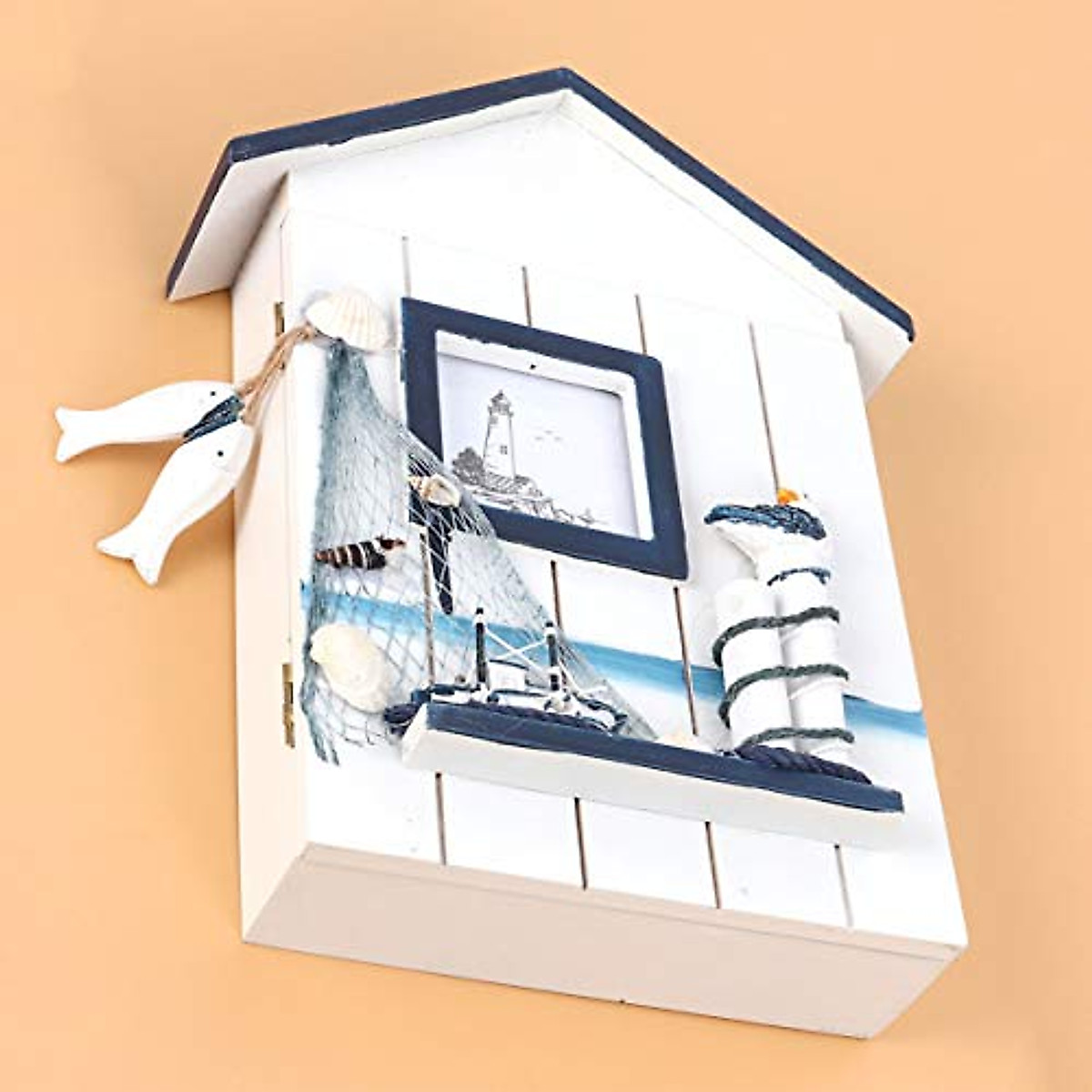 Hemoton Mediterranean Style Key Cabinet Wood Nautical Style Wall Mounted Wooden Key Holder Storage Box Cabinet Style 2