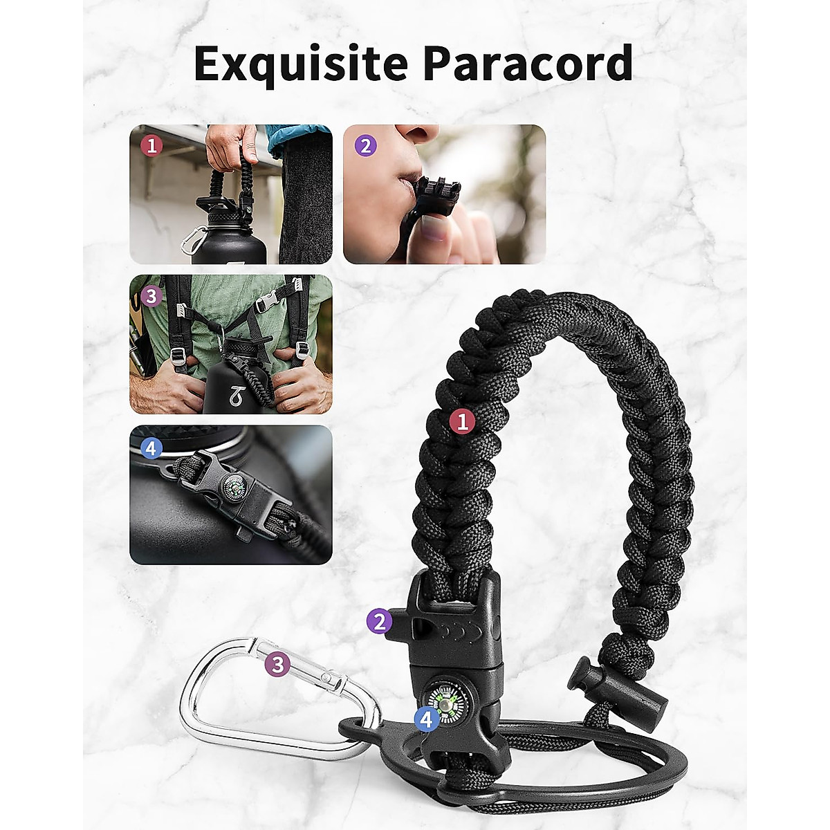 Trebo Half Gallon Water Bottle with Paracord Handle 64oz Wide Mouth Insulated Double Wall Stainless Steel Large Sports Flask Keep Hot 24 Hours & Cold 48 Hours Water Jug with 3 Lids, Black