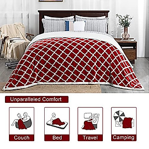 Basic Beyond Fleece Sherpa Throw Blanket - Soft Cozy Red Throw Blanket with 3D Jacquard Design for Couch,Bed,Travel,Camping,Red,50"x60"