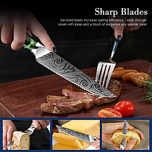 XT XITUO Serrated Steak Knife Set w/Beautiful Engraved Pattern - 6PC Premium 4.5 inch Steak Knives, German Steel Knife Table Dinner Knife w/Emerald Green Resin Handle for Home Restaurant