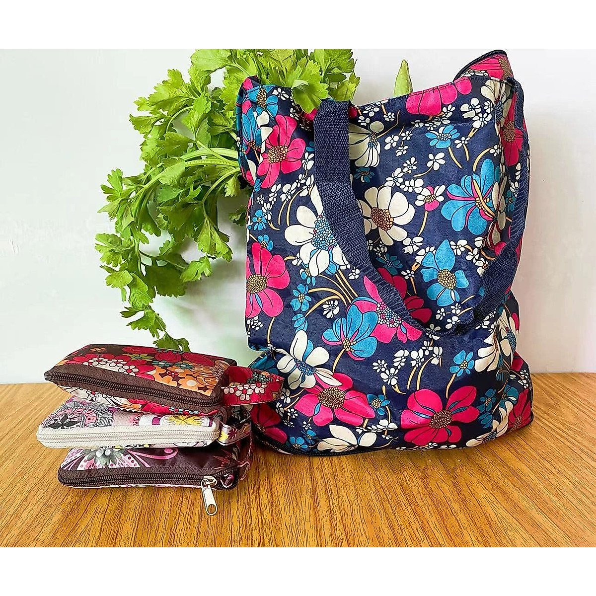 NC 4 Pack Foldable Kitchen Reusable Grocery Bags Floral Designs with Zipper Folding Shopping Tote Bags Lightweight Durable Large Bags 50LBS for Grocery