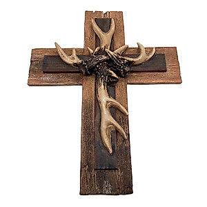 Rustic Wood Look Wall Cross Featuring Antlers, Rustic Décor, Religious Themed, 13.5 Inches