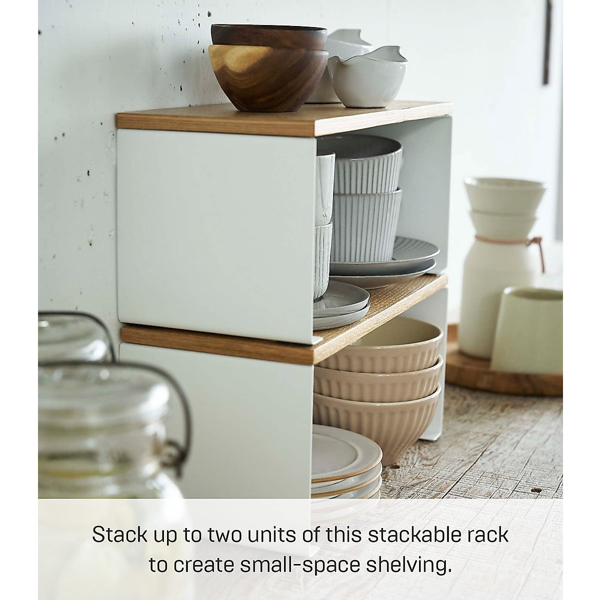 Yamazaki Home Wood-Top Stackable Kitchen Rack-Modern Counter Shelf Organizer, White