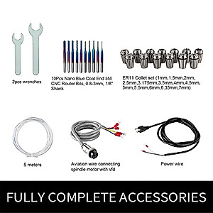 CNC Spindle Motor kits, 110V 1.5KW 1500W 80mm Water Cooled Spindle Motor CNC Spindle CNC Motor + 110V 1.5KW VFD + ER11 Collet set + Aviation Wire +Power wire+ Drill Bits For CNC Router Machine