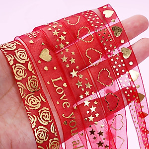 Yookat 6 Rolls Valentine's Day Ribbon Printed Heart Ribbons Mother's Day Ribbon for Valentine's Day Mother's Day Wedding Gift Wrapping