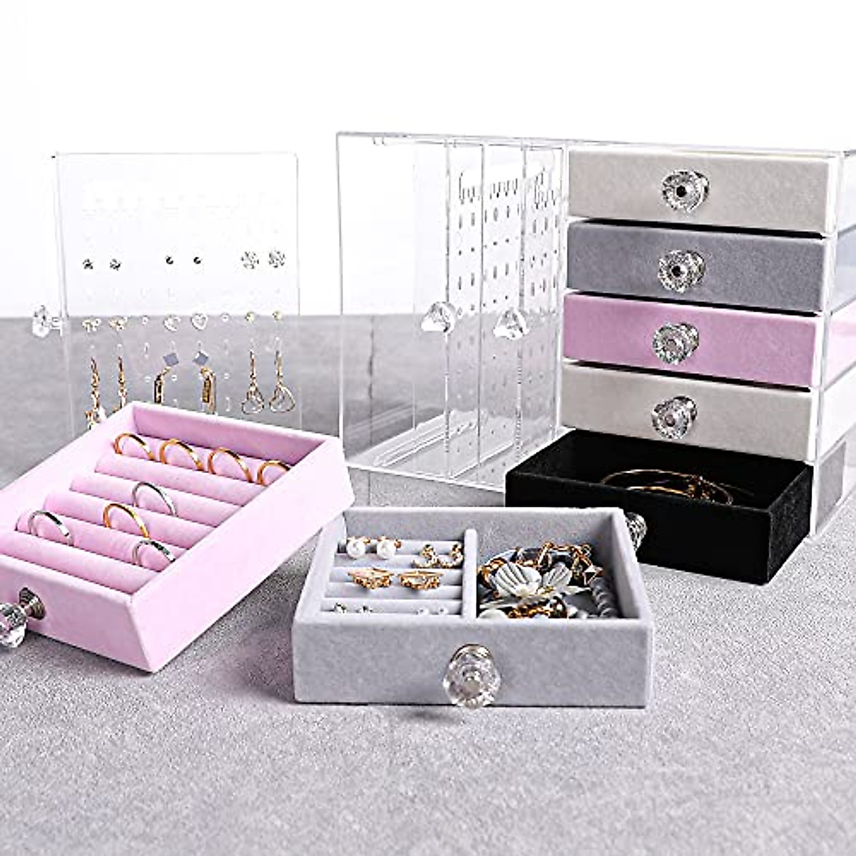 Frebeauty Acrylic Jewelry Box Clear Earring Organizer Storage Boxes,Necklace Hanging with 5 Removable Velvet Drawers Large Jewelry Display Case for Stud Rings Bracelets for Gift,(Grey)