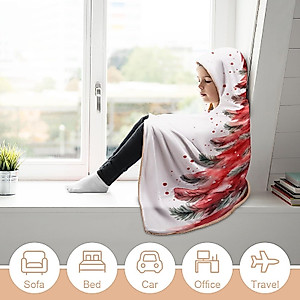 Soft Cozy Blanket Red Watercolor Christmas TreeWearable Blanket-Super Soft Plush Warm Blanket Throw BlanketsXmas Tree Blanket Hoodie for Women Men for Couch Bed 40"x50" Spring Summer Blanket Hoodie