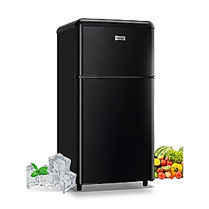 WANAI Compact Refrigerator 3.2 Cu.Ft Retro Mini Fridge With Freezer 2 Door Mini Refrigerator with 7 TEMP Modes, Removable Shelves, LED Lights, Ideal for Apartment Camper Dorm and Office, Black