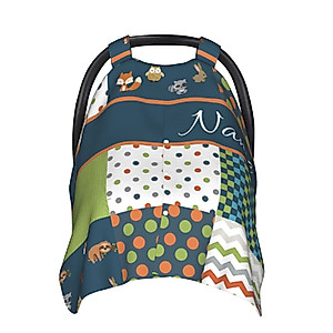 Personalized Baby Car Seat Canopy with Name, Custom Name Car Seat Covers for Boys Girls, Opening Minky Nursing Breastfeeding Stroller Cover Infant Carseat Canopies for Newborn (Forest Animals)