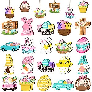 40 Pieces Easter Wooden Ornaments for Tree Happy Easter Egg Gnome Bunny Chick Cutouts Wood Hanging Ornament Spring Easter Wooden Slice Decorations for Party Home Classroom Decor, 20 Styles