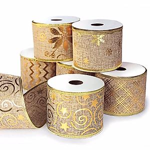 Gold Ribbon Wired Christmas Tree Ribbon 2.5 Inch Burlap Ribbons Xmas 6 Rolls 36 Yards Metallic Glitter Crafts Decorating Gift Wrapping Bows Gift Wrap Bow Trees Topper Wreath Indoor/Outdoor