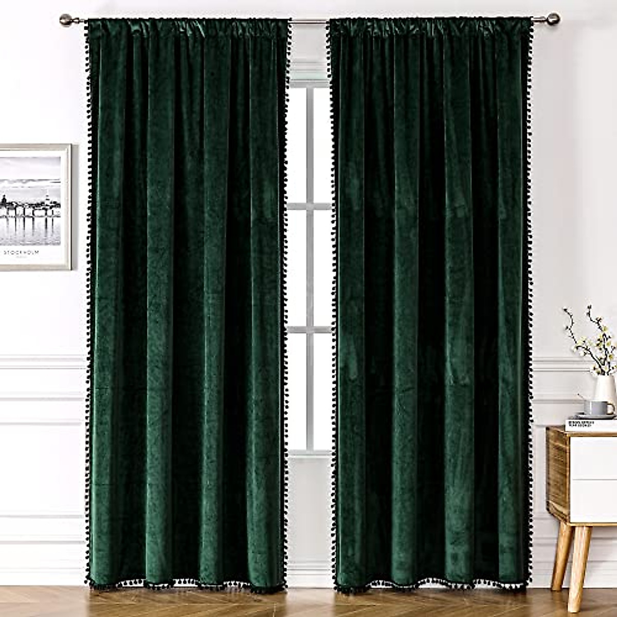 Victree Pom Pom Velvet Curtains for Bedroom, Blackout Curtains 52 x 84 inch Length - Room Darkening Sun Light Blocking Rod Pocket Window Drapes for Living Room, 2 Panels, Dark Green