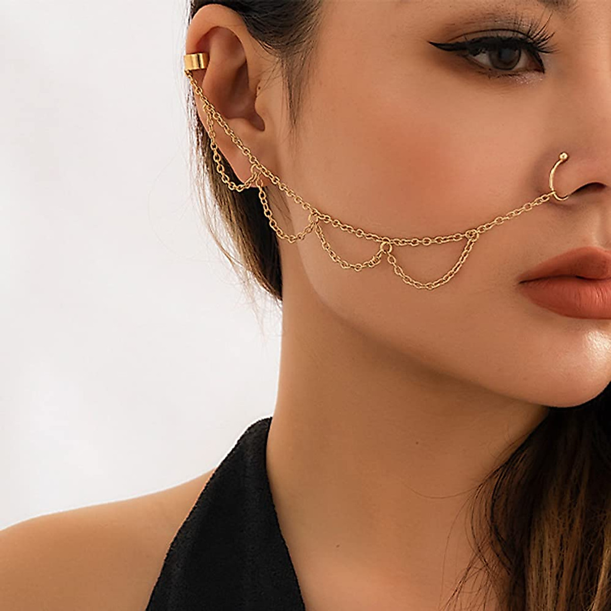 Kenjudess Sexy Pearl Beaded Tassel Nose Ring with Chain to Ear Cuff Non-pierced Septum Hoop Ring Indian Belly Dance Party Nose Accessories for Women (Gold chain)