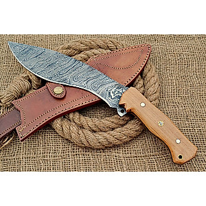 HUNTEX Handmade Hand-Forged Twist Pattern Damascus Steel 15 Inch Long Full Tang Natural Oak Wood Handle Razor Sharp Hunting Camping Kukri Knife w/Genuine Leather Sheath