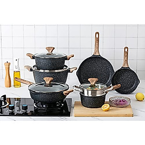 Country Kitchen Nonstick Induction Cookware Sets - 11 Piece Cast Aluminum Pots and Pans with BAKELITE Handles with Glass Lids - Grey