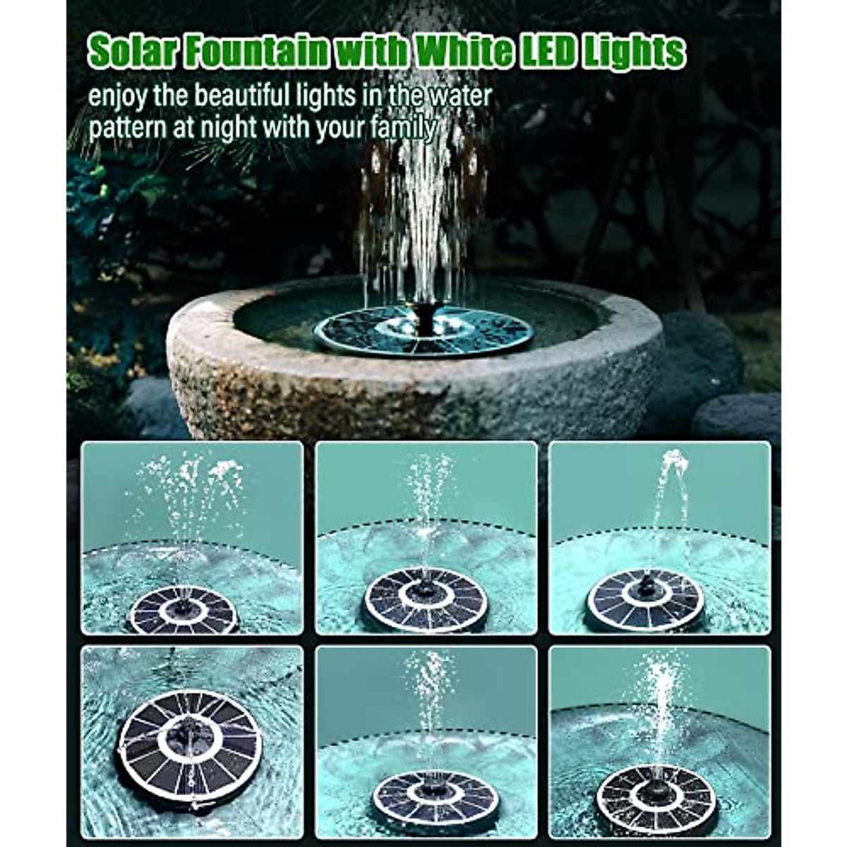 SZMP Solar Fountain 2024 Upgraded 100% Glass Panel, 3.5W Floating Solar Powered Water Pump Built-in 2000 Battery with 7 Nozzle & 4 Fixer, Solar Bird Bath Fountains for Garden, Pond, Outdoor (White)