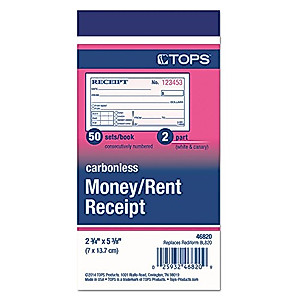 TOPS Money Receipt Book, 2-Part, Carbonless, 2 5/8 x 5 3/8 Inches, 50 Sheets, White and Canary, (46820)