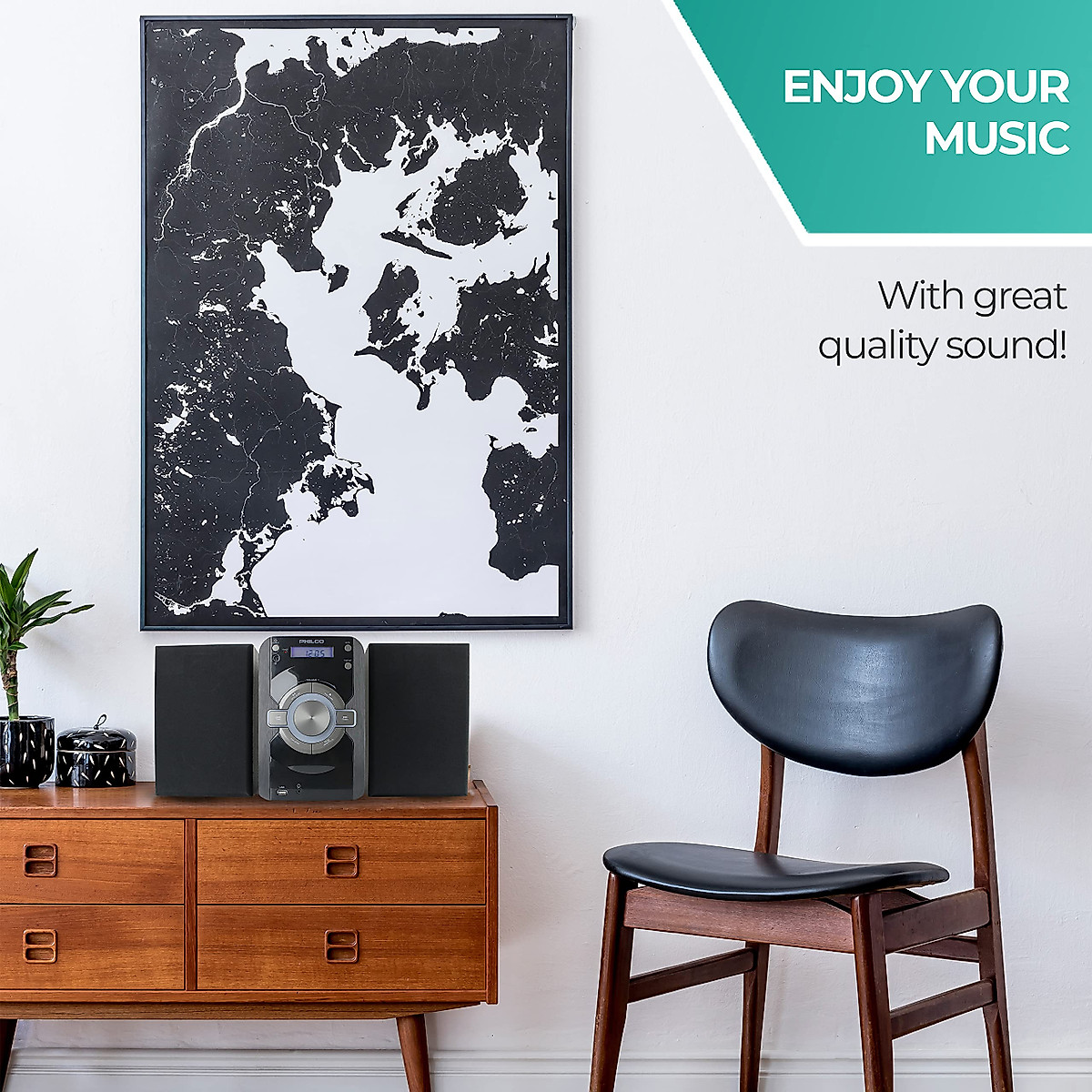 Philco Mini Stereo Shelf Systems CD Player with Digital FM Radio, Bluetooth Streaming, Remote Control in Black | LCD Display | 3.5mm Headphone Jack | MP3 & AUX Port Compatible | USB Playback