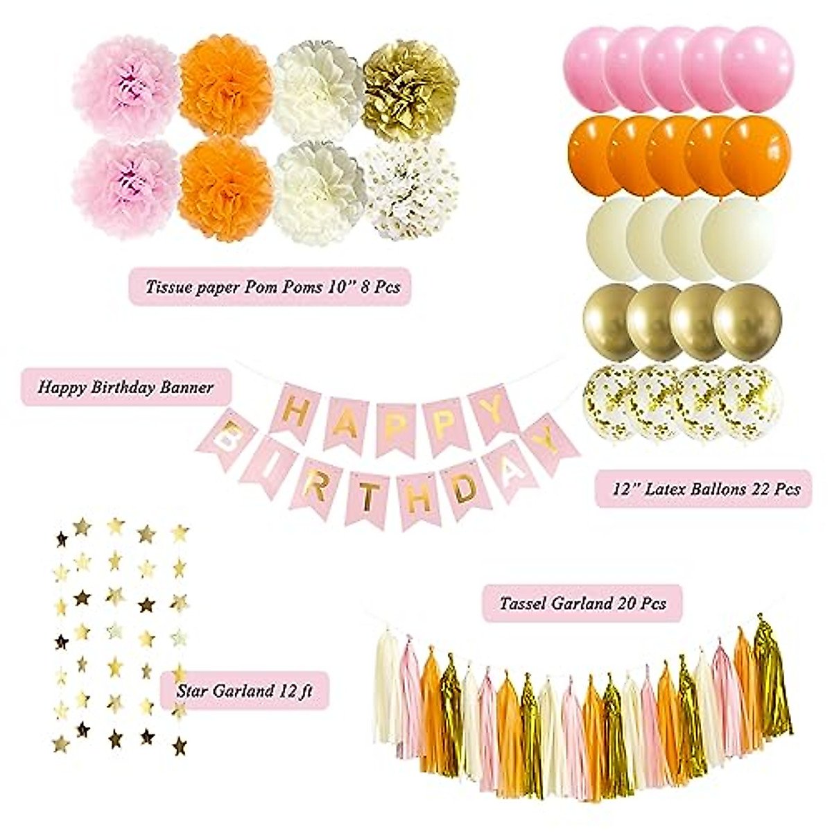 ANSOMO Pink and Orange Happy Birthday Party Decorations Hot Pink Gold Banner Balloons Décor Supplies Women Girls Teens Her Tassel Garland Tissue Pom Poms