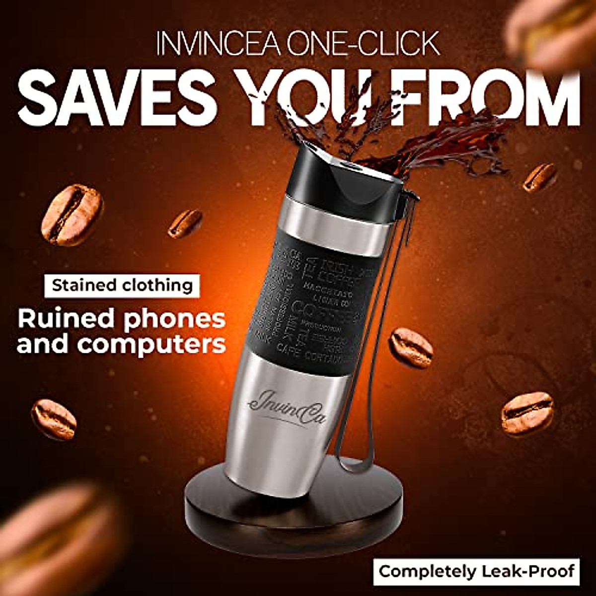 INVINCEA ONE-CLICK Travel Mug: Thermal Vacuum-Insulated Coffee Mug, Double-Wall Stainless Steel Durable Mug with a Leak Proof Lid for your Daily Hot/Cold/Ice Drinks; 16-oz Metal Cups. Black/Violet