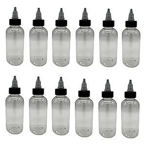 Natural Farms 4 oz Clear Boston Plastic Bottles -12 Pack Empty Bottle Refillable - BPA Free - Essential Oils - Aromatherapy | Black/Natural Twist Top Cap - Made in the USA