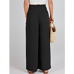 Caracilia Womens Summer Fall High Waisted Flowy Work Casual Boho Palazzo Pants Wide Leg Long Lounge Pant Trousers with Pocket Business Office Elastic Waist A1206heise-XL Black,X-Large