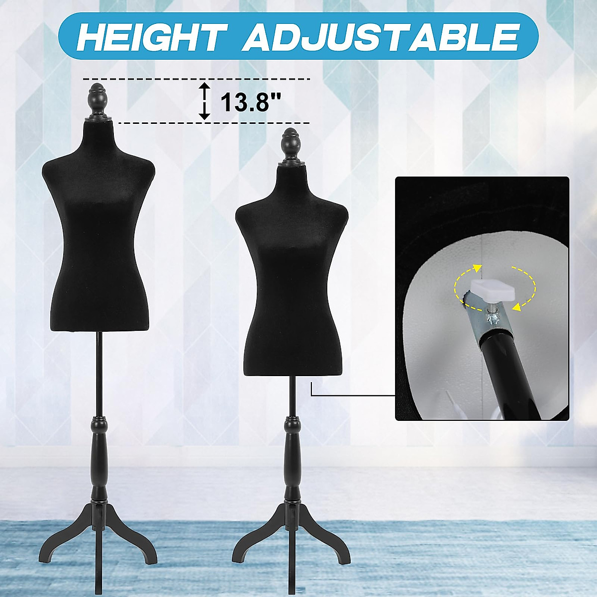 BLKMTY Female Mannequin Torso Dress Form Sewing Mannequin Manikin Body Height Adjustable Clothing Dress Model w/ Tripod Base Stand for Sewing Dressmakers Dress Jewelry Display 49-63 Inch, Black