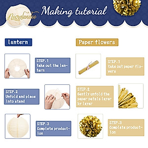 NICROLANDEE Navy Blue and Gold Decorations, 12PCS Hanging Paper Lanterns Tissue Pom Poms Decor for Graduation Party, Winter Wedding, Mens Birthday, Memorial Day Decorations, New Years Party Supplies