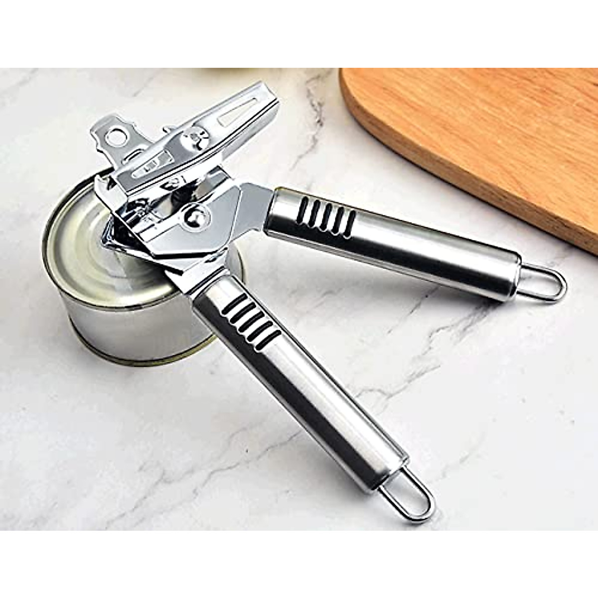 Can Opener, Kitchen Stainless Steel Heavy Duty Can Opener Manual Smooth Edge Durable Food Safe Cut 3-in-1 Tin Beer Jar Bottle Opener Hand Grip for Seniors with Arthritis Hands Friendly