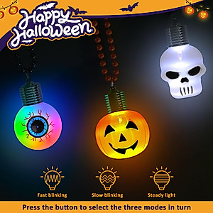 3PCS Halloween Necklace Party Favors, Halloween Light up Skulls Pumpkins Necklace, Glow in Dark Necklace with 3D Blub Pendant, Halloween Festival Accessories for Trick or Treat Party Supplies Decor