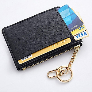 PEONY SUPREME Leather Card Holder Wallet Credit Card Holder Small Compact Wallet Coin Pouch Purse Key Pouch Gift for Women Gift for Men Black
