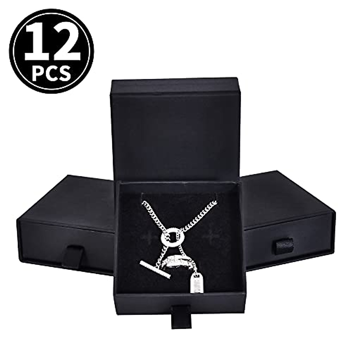 12 Pack Set Cardboard Drawer Display Jewelry Boxes, driew 3.5x3.5 1.4inch Black Gift Boxes Thick Paper Box Bulk Jewelry Gift Packaging Gift Case Sponge Insert and Lids Small Kraft Paper Box for Rings Pendants Earrings Necklaces