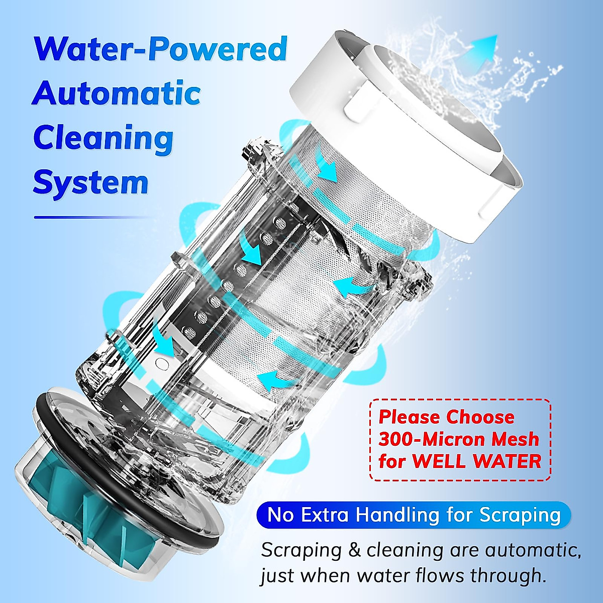 BriskSpring Self-Cleaning Spin Down Sediment Water Filter, Automatic Rotating Scraper Filter Screen, 40 Micron Reusable Whole House Water Filter System, 1" MNPT + 3/4" FNPT, Water Pressure Gauge